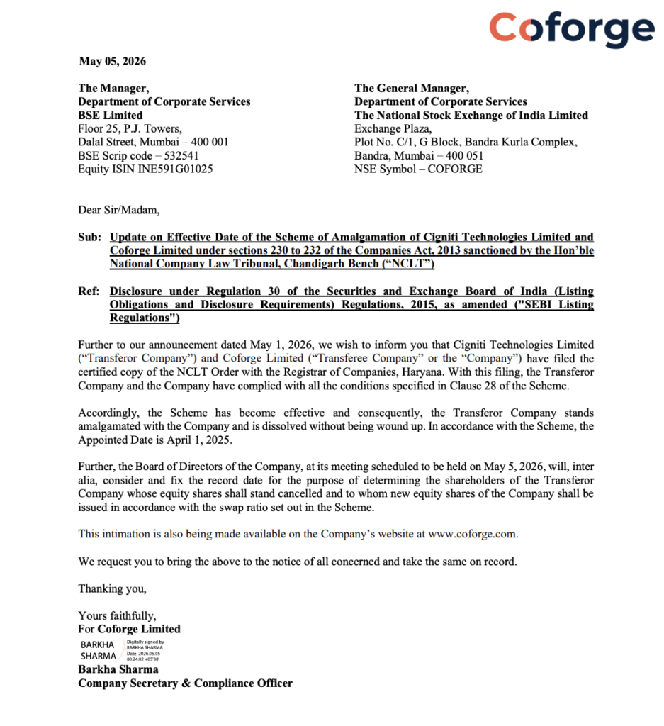 Coforge Completes Amalgamation with Cigniti Technologies; Scheme ...