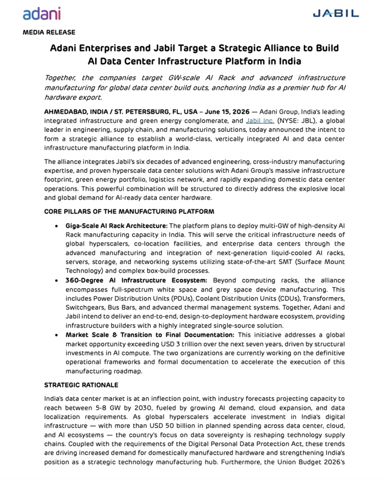 Adani Enterprises and Jabil Target Strategic Alliance to Build AI Data ...