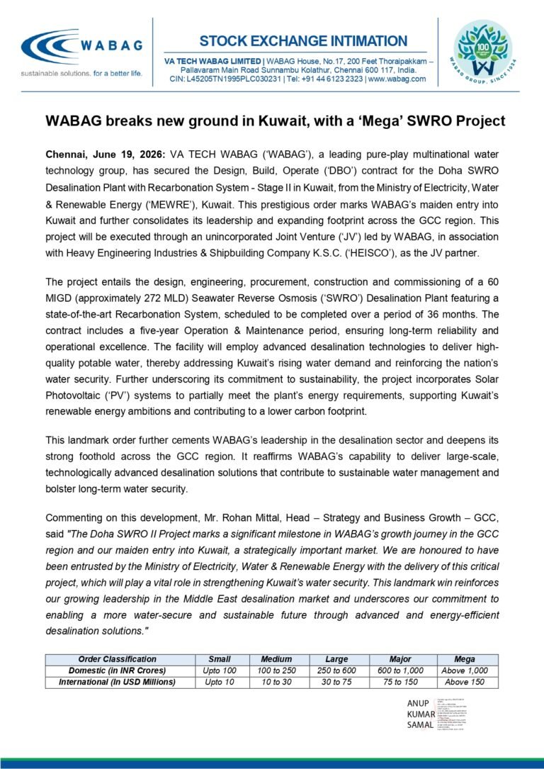 VA Tech WABAG Secures ‘Mega’ SWRO Desalination Project in Kuwait, Marks ...