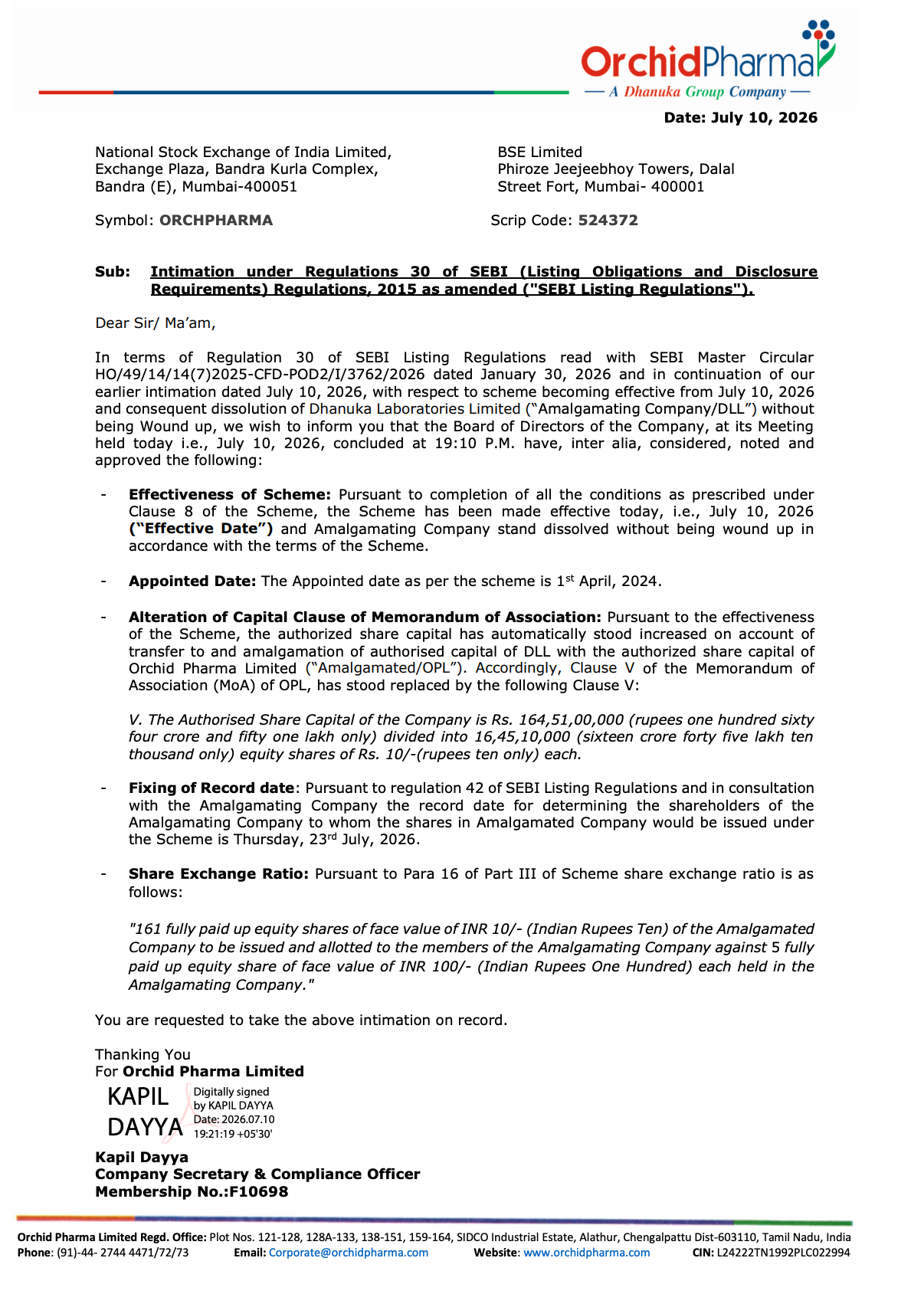 Orchid Pharma Scheme of Amalgamation Becomes Effective; Board Approves ...